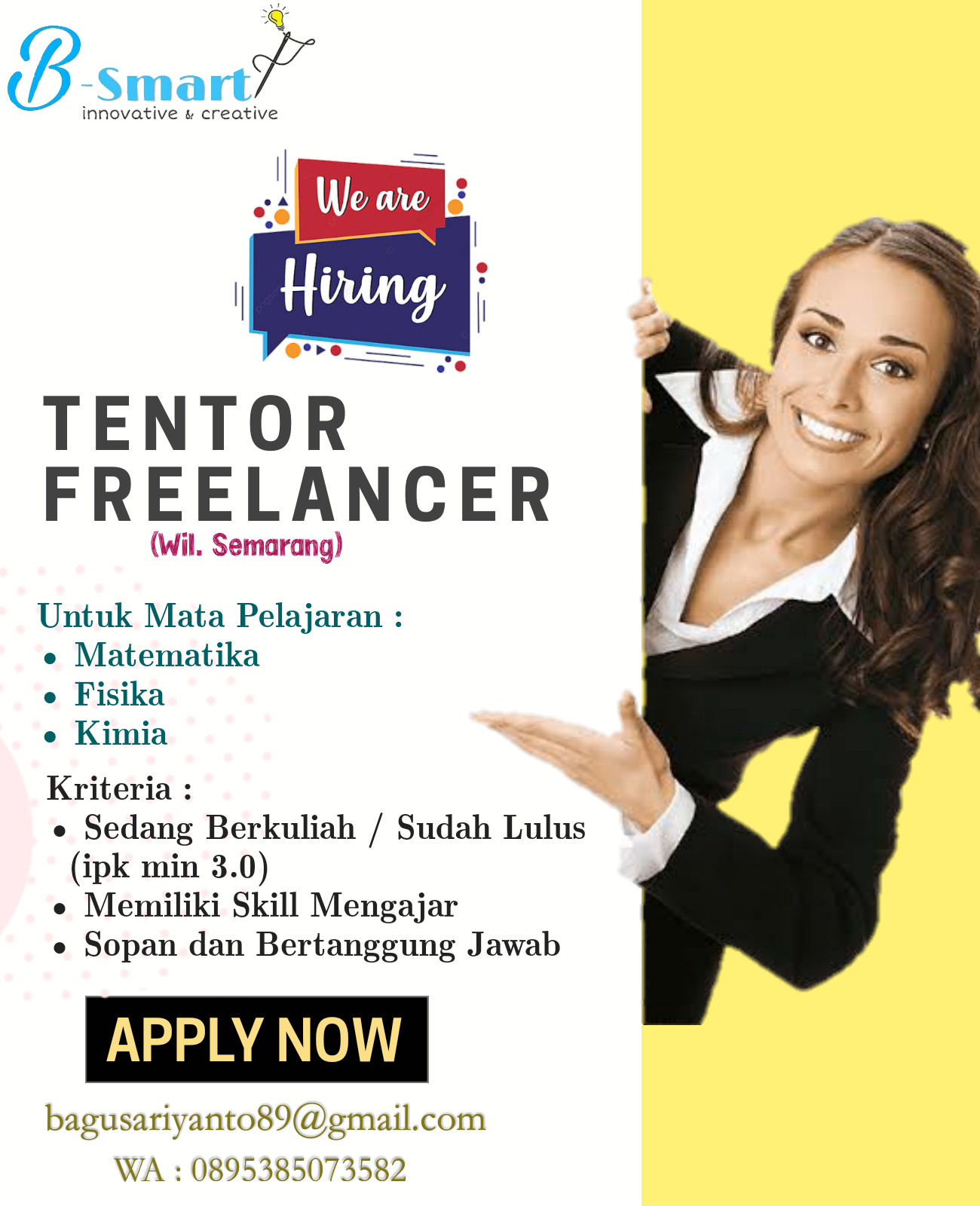 "Tentor Freelance (Mapel Matematika, Fisika, Kimia..
